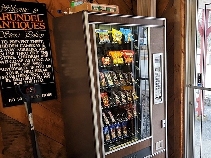 Even the snack break is retro! Nothing complements antiquing like the authentic experience of wrestling with a vintage vending machine.
