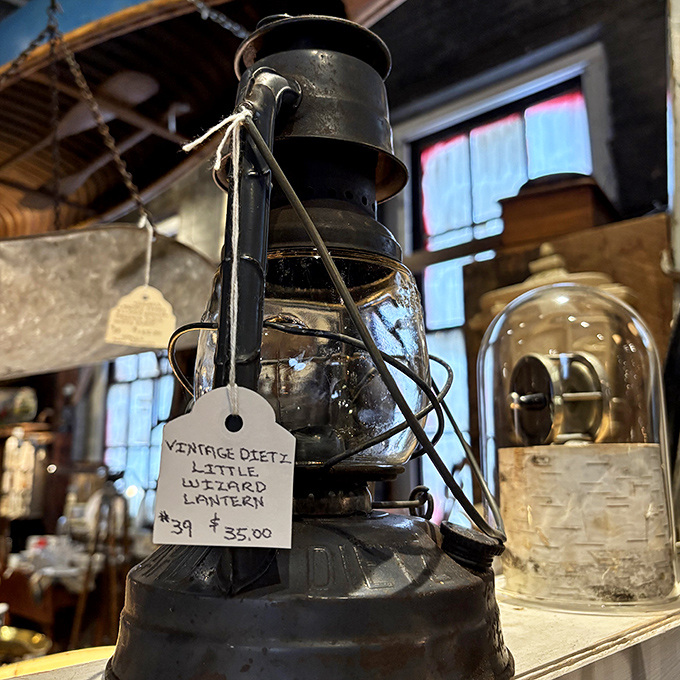 "Vintage Dietz Little Wizard Lantern" &ndash; not just illumination but a portal to nights before electricity, when shadows danced differently on cabin walls.