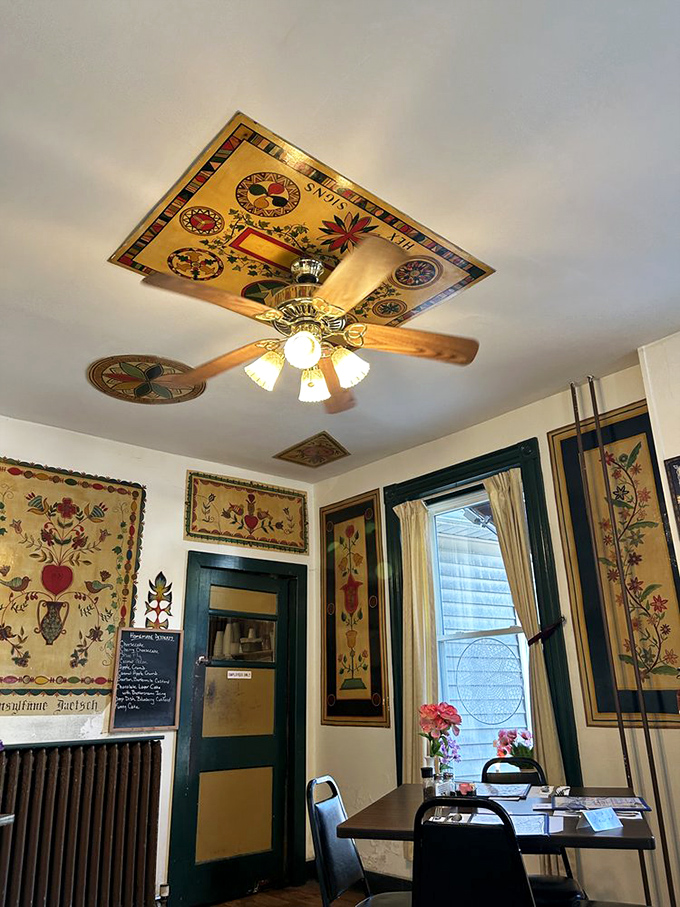 Ceiling art that feeds your soul while you wait for food to feed your body. These hex signs are the original five-star restaurant decoration.
