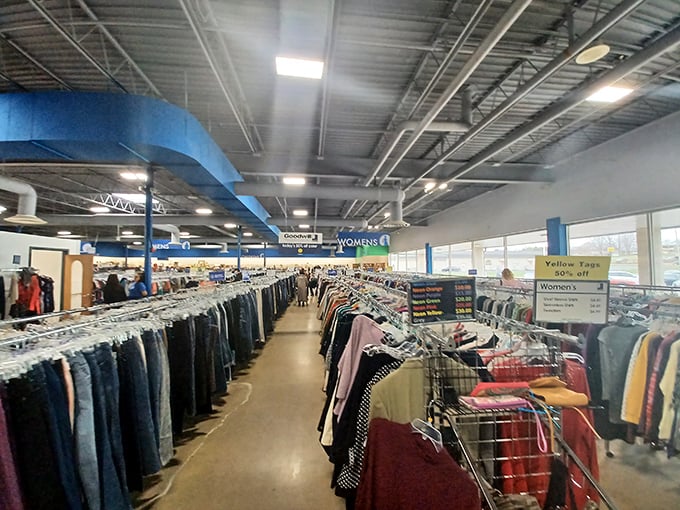 Color-coded clothing corridors create a rainbow road of possibilities. Yellow tag specials mean even deeper discounts on already bargain-priced fashion finds.