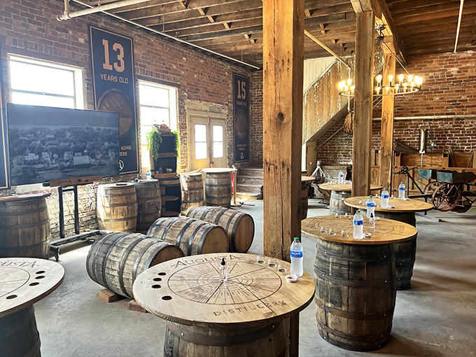 Augusta Distillery honors Kentucky's bourbon heritage with rustic barrel tables and exposed brick that transport you to whiskey's golden age.