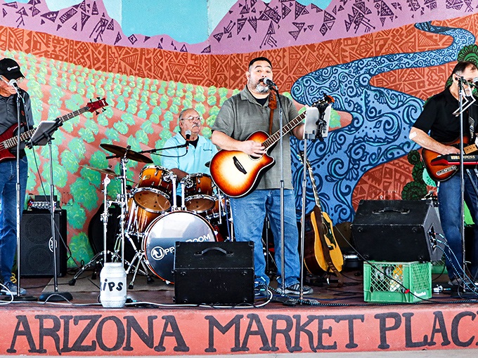 Live music adds a soundtrack to shopping expeditions, turning an ordinary market day into an impromptu concert experience.