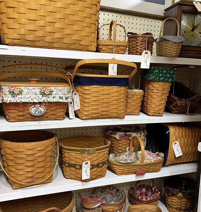 Longaberger baskets&mdash;once the crown jewel of 1990s home decor&mdash;displayed in all their handwoven glory. Martha Stewart still keeps hers, you know.