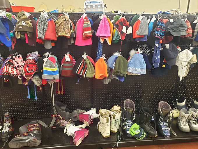 Winter gear hangs like colorful flags representing the Republic of Bargain Hunters, where warmth and style don't require emptying your wallet.