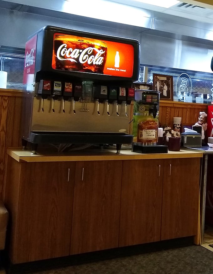 The self-serve beverage station stands ready for refills. In the world of dining experiences, unlimited fountain drinks remain an underrated luxury.