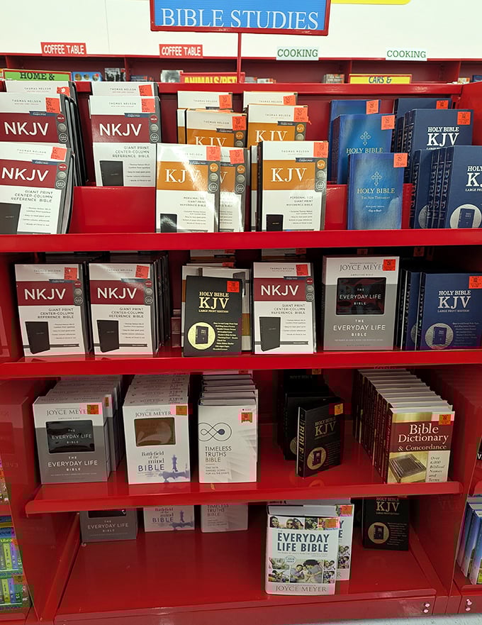 Bibles and devotional materials organized neatly, offering spiritual enrichment at prices that feel downright blessed in themselves.