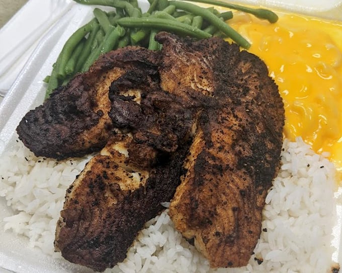 Another angle on that magnificent blackened fish. The green beans and mac and cheese aren't sidekicks&mdash;they're worthy companions.