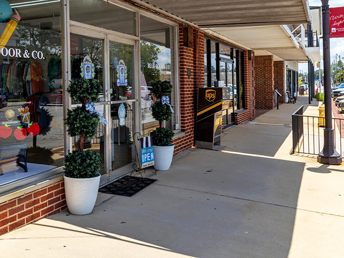 Potted plants and welcoming storefronts create an inviting promenade that feels like Main Street America's greatest hits album come to life.