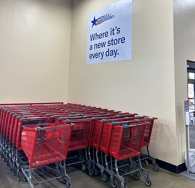 Red carts stand at attention, ready for shopping adventures. The sign speaks truth&mdash;with daily donations, it truly is a new store every day.