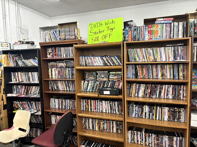 The DVD section: where physical media refuses to die and yesterday's blockbusters await rediscovery. Netflix can't replicate this tactile browsing experience.