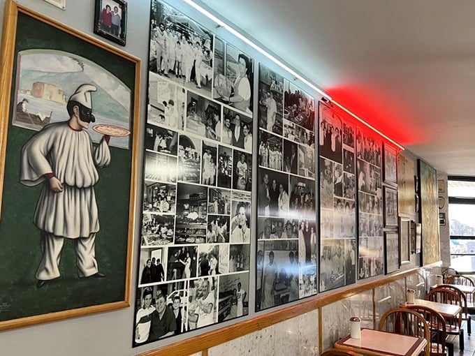 Black and white photos tell stories of flour-dusted hands and family traditions, while painted saints remind us that baking is divine work.