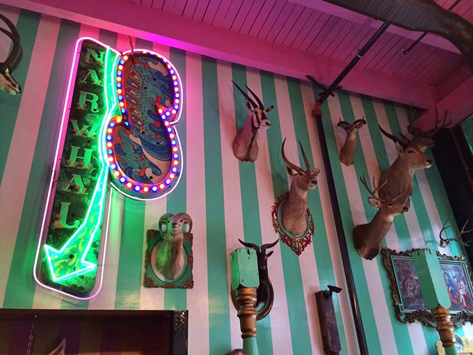 The Narwhal section features mint-striped walls adorned with taxidermy and neon&mdash;like a hipster hunter's lodge designed by Willy Wonka.