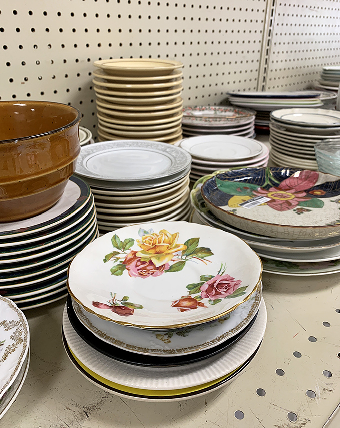 Dish-coveries waiting to happen! That rose-patterned plate might be the start of your next eclectic collection or dinner party conversation piece.