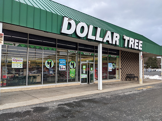 Even Dollar Tree gets the New England treatment in Claremont, where budget shopping happens beneath a distinctive green roof rather than cookie-cutter corporate design.
