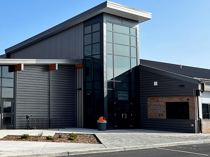 Ephrata Middle School's modern architecture stands in contrast to the town's historic roots&mdash;education moving forward while traditions remain strong.