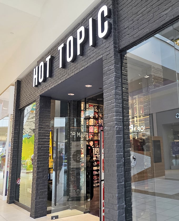 Hot Topic's edgy black storefront stands out like that one friend who refuses to wear anything but black to a colorful party.
