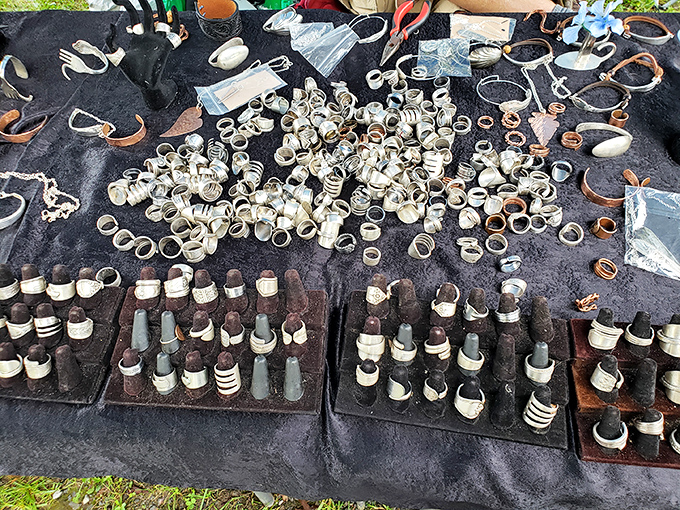 A jewelry display that would make archaeologists swoon. These pipe-inspired pieces transform humble materials into wearable conversation starters with rustic appeal.