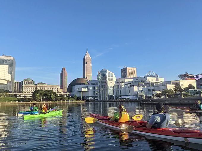 Kayaking the Cuyahoga offers a duck's-eye view of Cleveland's skyline, where urban adventures don't require breaking the bank.