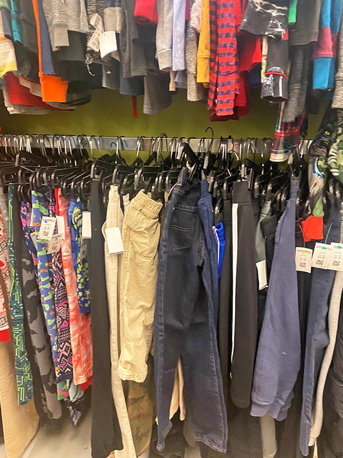 Kids' clothes in every color hang ready to outfit growing children without growing your credit card bill.