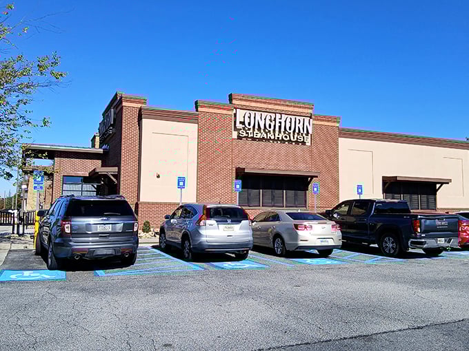 Even chain restaurants like LongHorn Steakhouse blend into Monroe's brick aesthetic, proving that this town takes its architectural harmony seriously.