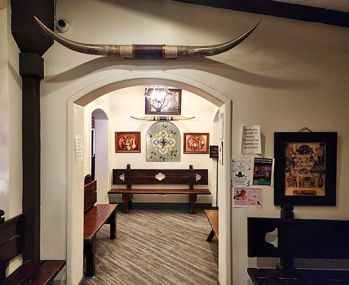 Archways and southwestern decor create distinct dining zones, making a meal here feel like a mini-vacation to Mexico.