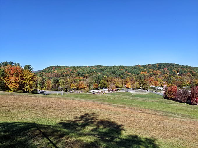 Memorial Park unfurls a canvas of autumn colors, where the mundane act of parking becomes an excuse to gawk at Vermont's seasonal wardrobe change.