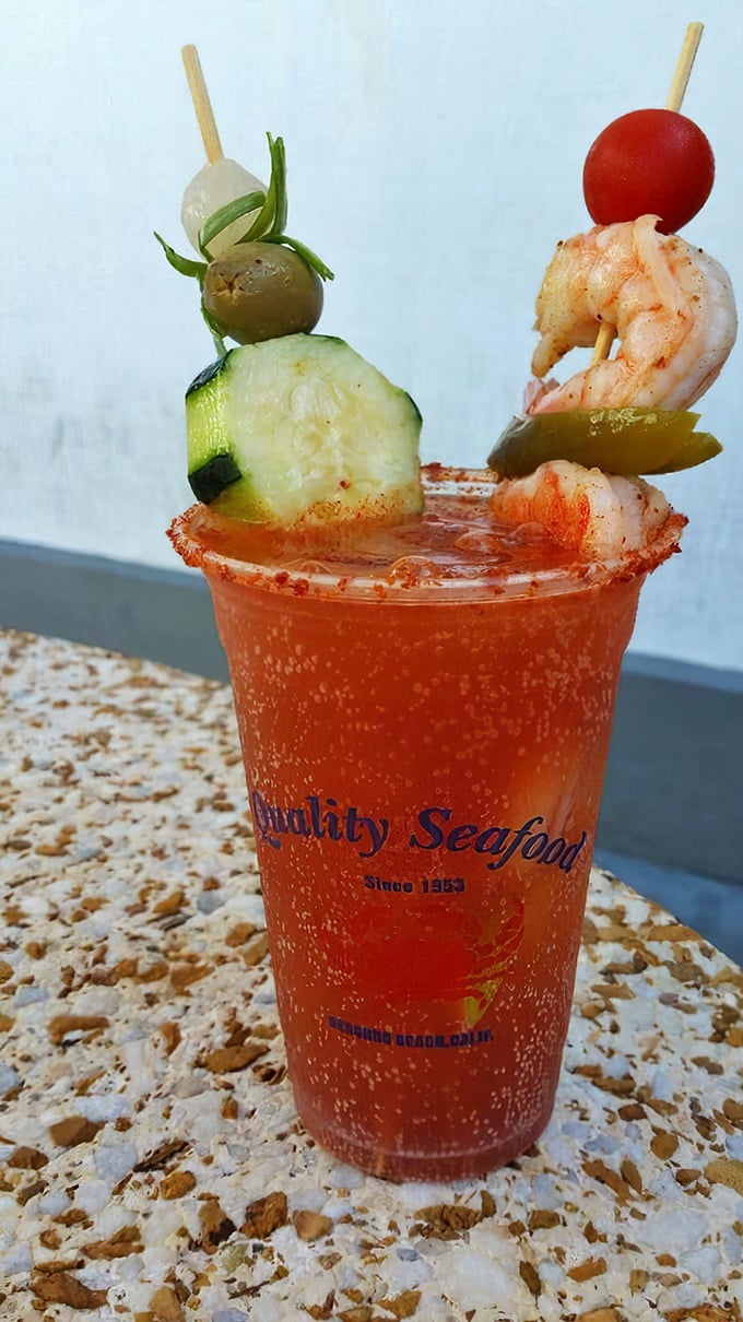 The michelada that turns waiting for your order into happy hour &ndash; complete with shrimp garnish showmanship.