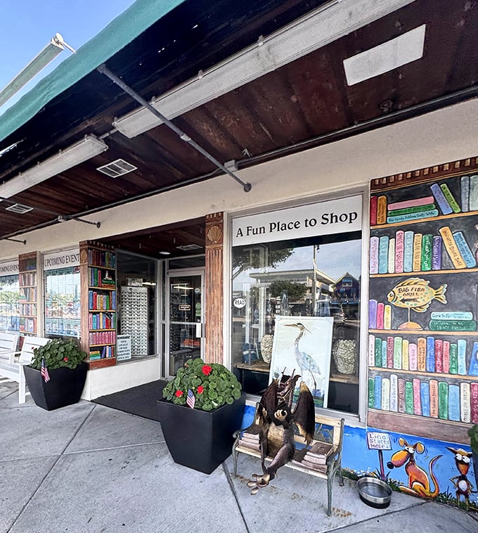 "A Fun Place to Shop" understates the case &ndash; this entrance with its painted bookshelves and quirky animal sculptures promises an adventure, not just shopping.