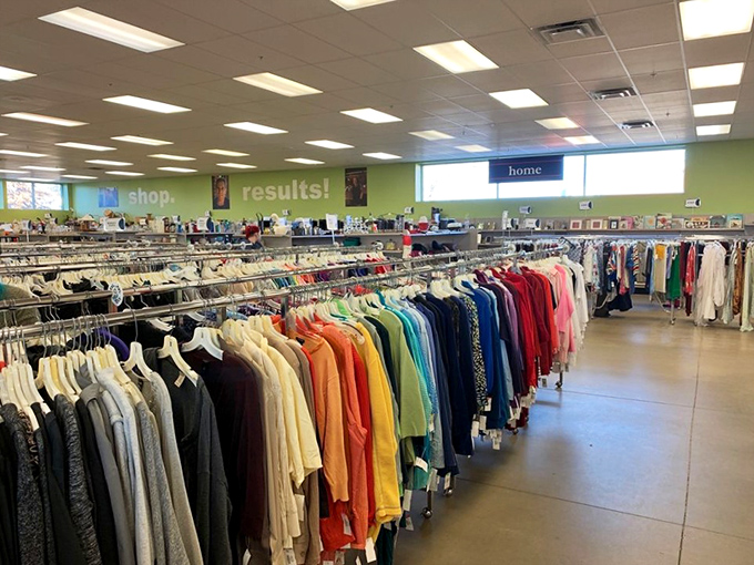 Color-coded clothing racks make finding your size a breeze. This isn't your grandmother's jumbled thrift store—unless your grandmother was incredibly organized.