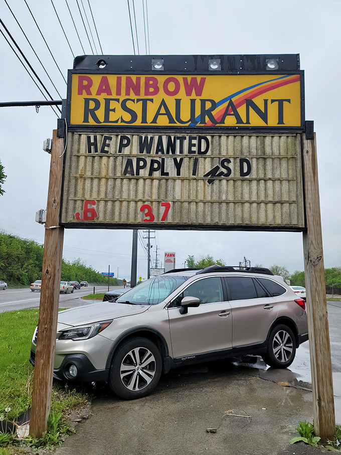 The Rainbow Restaurant's vintage sign and help-wanted notice &ndash; a reminder that in LaFollette, even the job opportunities maintain small-town charm.
