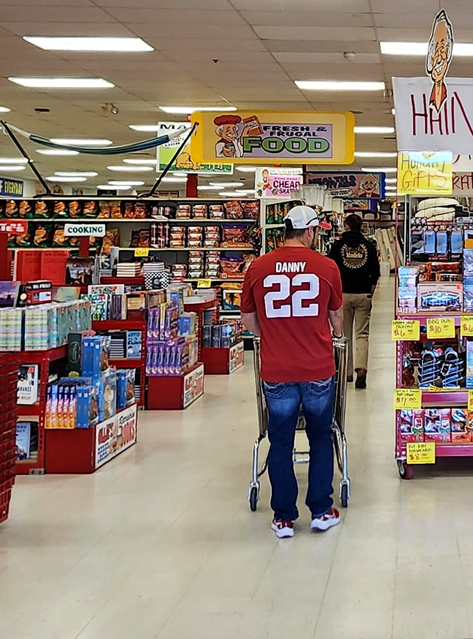 The wide, welcoming aisles of Ollie's – where shoppers embark on treasure hunts through clearly marked departments. Fresh & Bulk Food ahead!