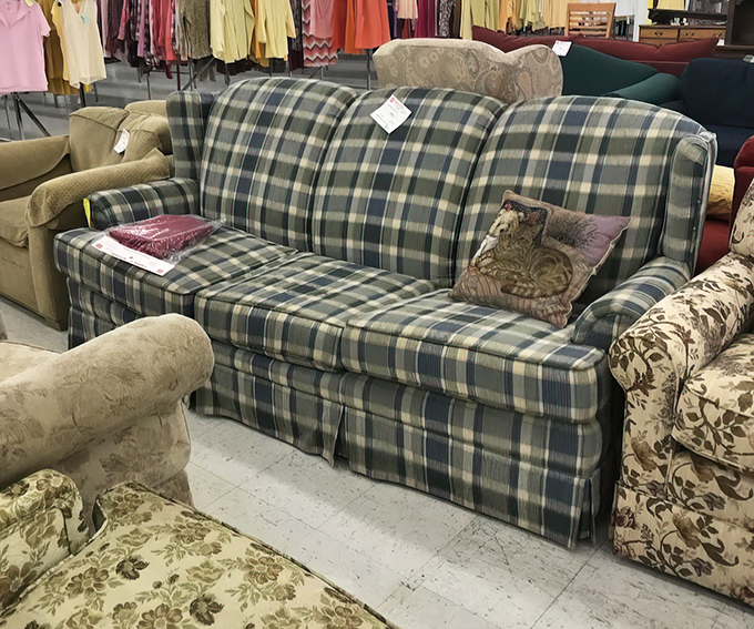 That plaid sofa is someone's future favorite reading nook, just waiting to be discovered and deeply discounted.
