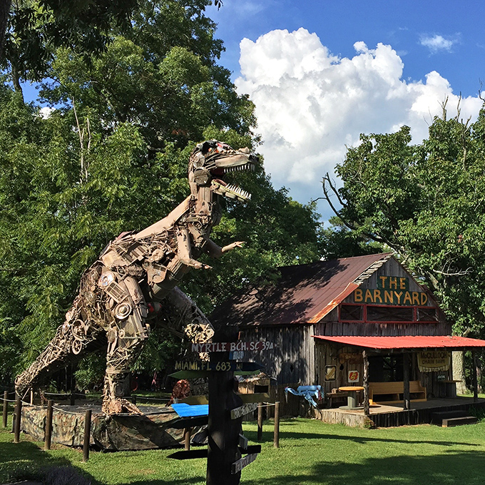 This scrap metal dinosaur guards The Barnyard with prehistoric charm, proving that Fort Payne's creativity extends well beyond conventional attractions.