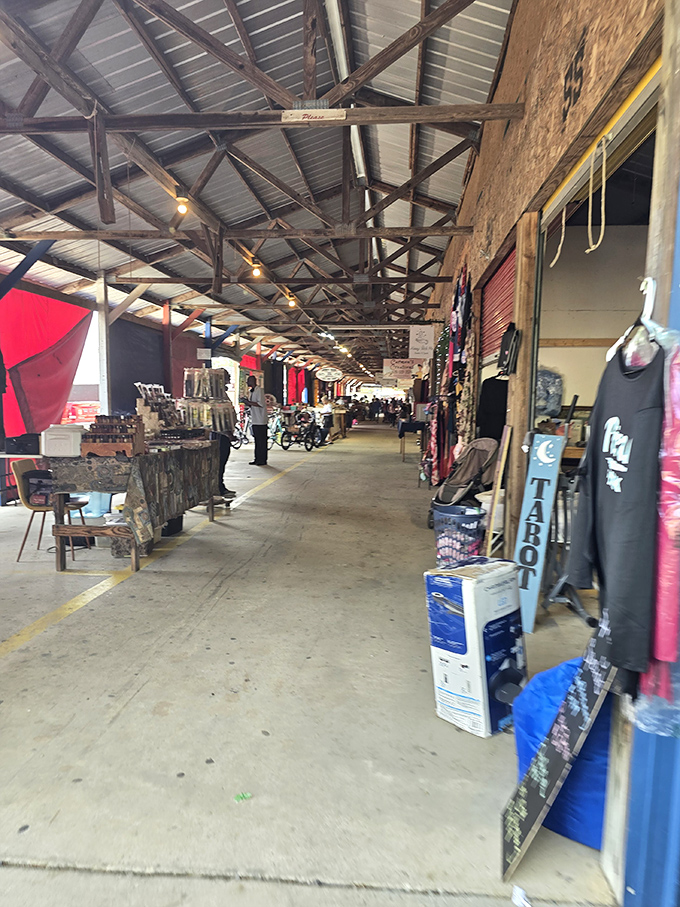 The corridor of possibilities. This covered walkway isn't just shelter from the elements&mdash;it's a runway for the fashion show of humanity that is flea market culture.