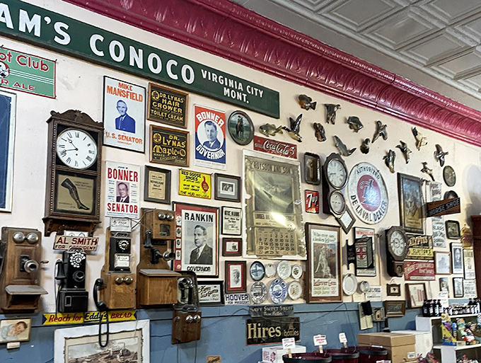 The wall isn't decorated&mdash;it's telling stories of Montana's past between bites of taffy and chocolate.