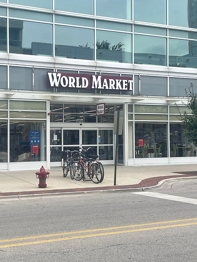 World Market brings global flavors to Evanston's doorstep, where bicycles parked outside hint at the town's eco-friendly transportation preferences.
