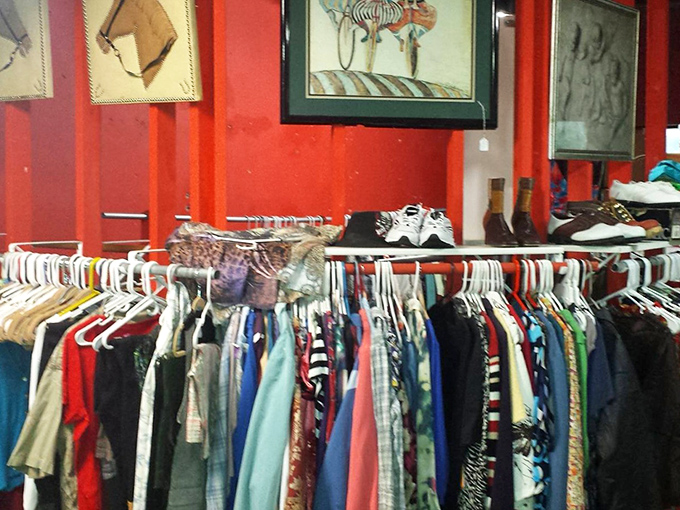 The clothing section: where vintage band shirts and forgotten fashion trends await their triumphant return to someone's wardrobe rotation.