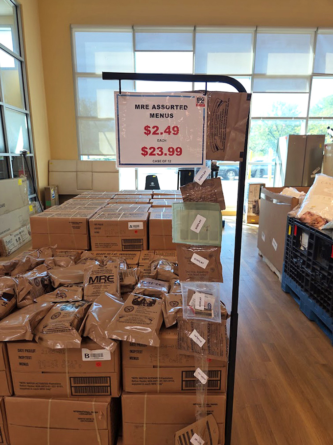 MREs stacked like building blocks of preparedness &ndash; Utah's practical side showing through in this uniquely western bargain find.