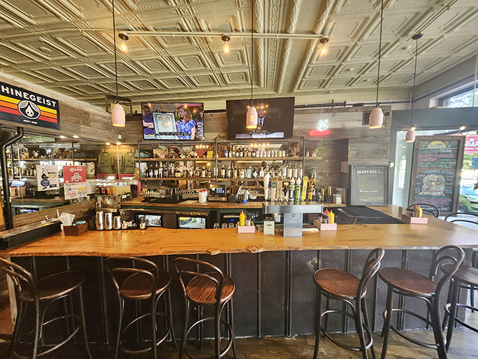 The bar area invites you to pull up a stool and contemplate life's important questions, like "Another craft beer or straight to dessert?"