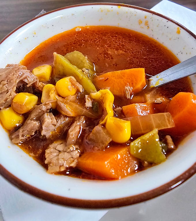 A beef vegetable soup that doesn't just warm your stomach&mdash;it hugs your soul with chunks of meat and vegetables swimming in liquid comfort.