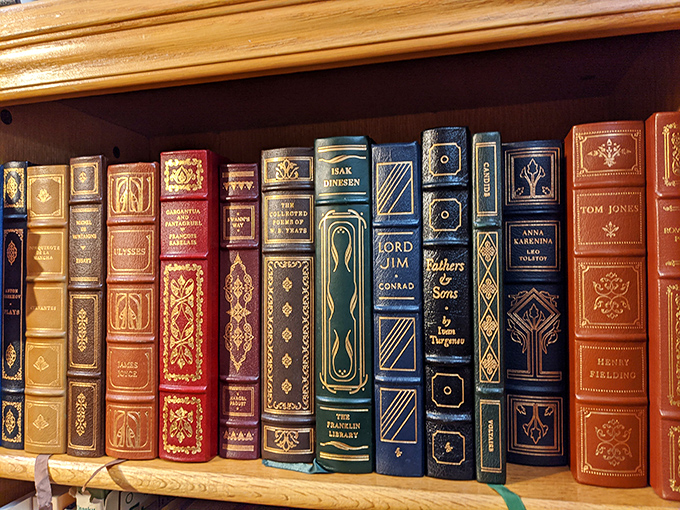 Leather-bound classics arranged like soldiers on parade &ndash; these aren't just books, they're portable time machines with spines intact and stories untold.