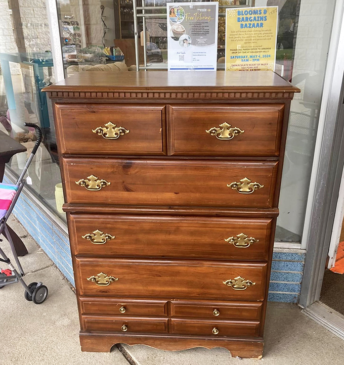 This solid wood dresser with brass hardware isn't just furniture &ndash; it's craftsmanship from an era when things were built to last generations.