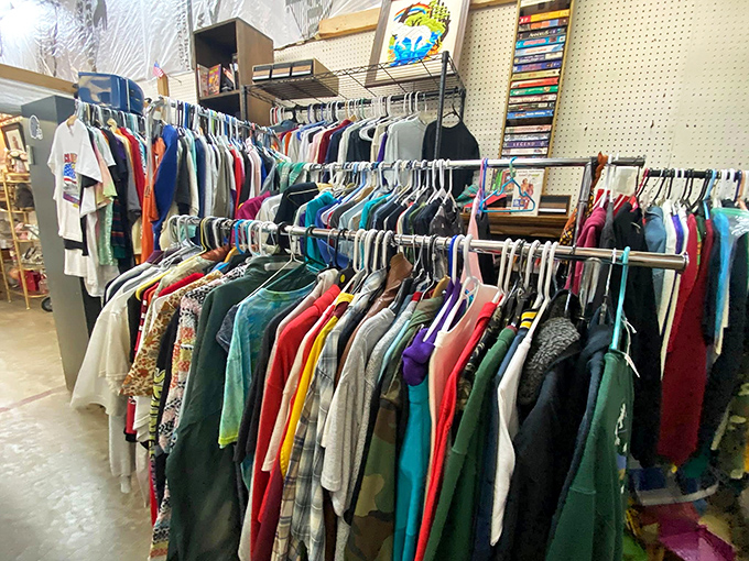 The clothing racks offer a rainbow of textile possibilities, where vintage band shirts hang alongside last season's mall fashions in democratic harmony.