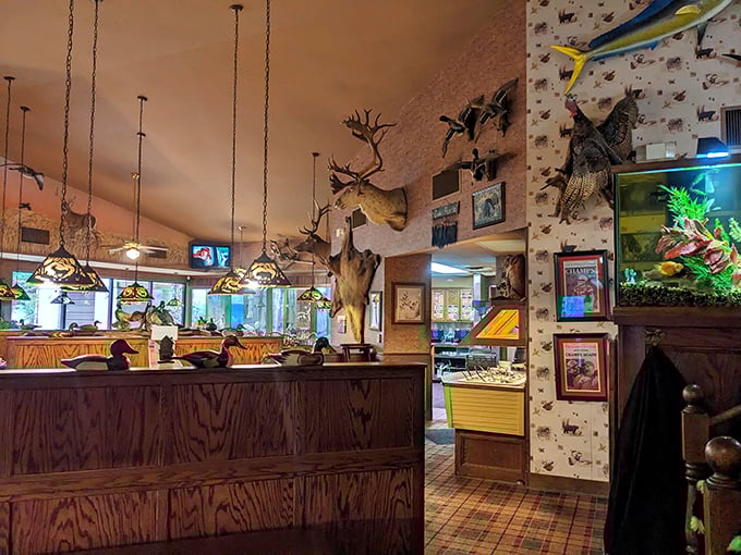 Where hunting lodge meets seafood haven. The taxidermy and fishing-themed d&eacute;cor create an atmosphere that says, "Stories are welcome here."