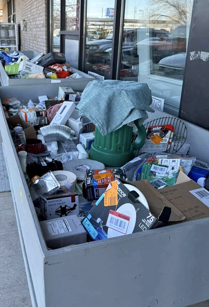 Bins overflow with eclectic treasures outside – LED lights, Weber accessories, and surprises around every corner.