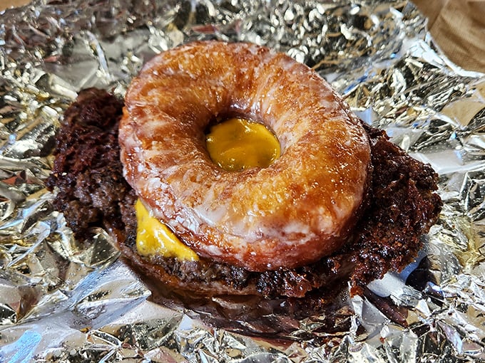 The donut smash cheeseburger – where breakfast and lunch collide in a sweet-savory mashup that shouldn't work but absolutely does.
