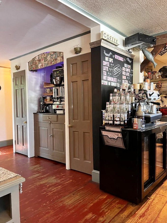 The coffee station—command central for morning operations. Where liquid ambition is dispensed with military precision and small-town warmth.