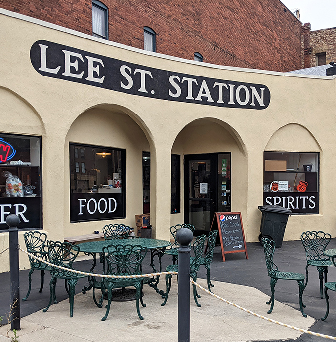 FOOD and "SPIRITS" signs state the cafe's purpose with refreshing directness—no artisanal, hand-crafted, locally-sourced marketing language required.