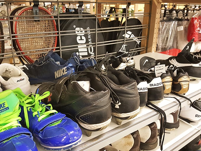Shoes with previous lives lined up for their next dance. That pair of Nikes might have run a marathon or just a quick trip to the mailbox.