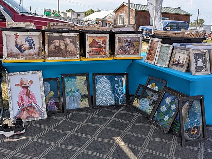 Rural Americana captured in frames&mdash;where roosters, barns, and seasonal scenes compete for wall space in your home.